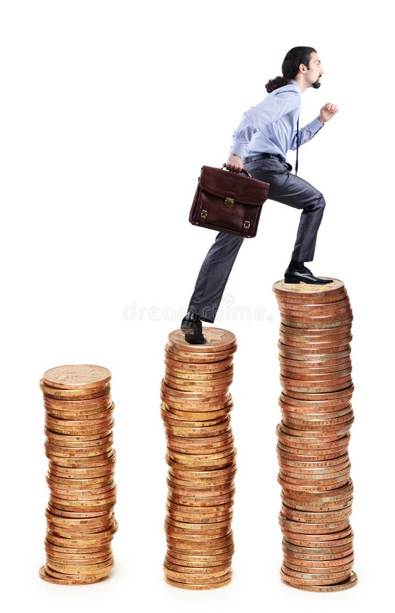 Businessman Climbing Coins Stacks Stock Image - Image of coin ...