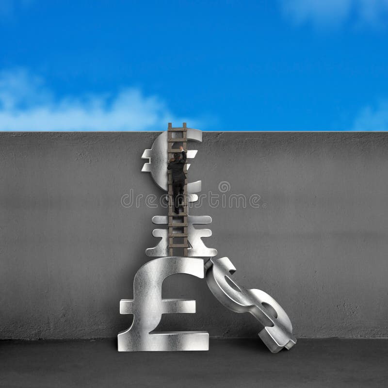 Businessman Climbing on Ladder with Stack Money Symbols and Sky Stock ...