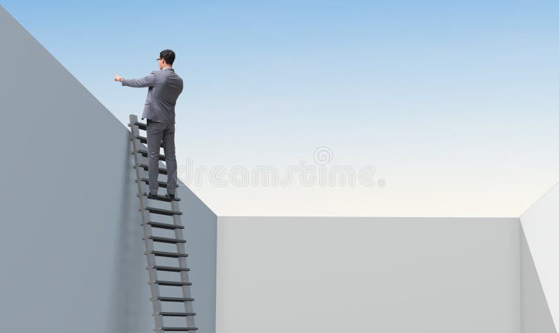 Businessman Climbing a Ladder To Escape from Problems Stock Photo ...