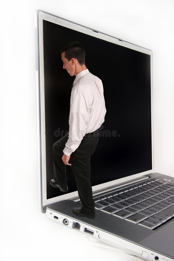 Businessman Climbing into Laptop Stock Photo - Image of people, sitting ...