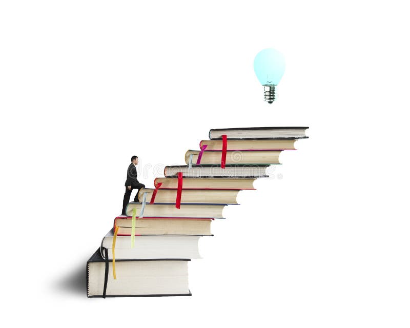 Businessman Climbing on Stack of Books with Growing Bulb Stock ...