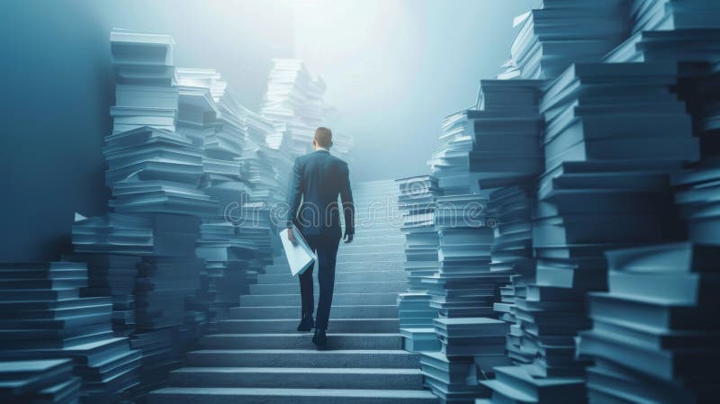Businessman is Climbing Stairs Made of Documents Holding a File, in a ...