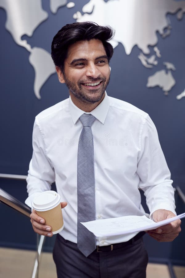 Businessman Climbing Stairs Modern Office with World Map in Background ...
