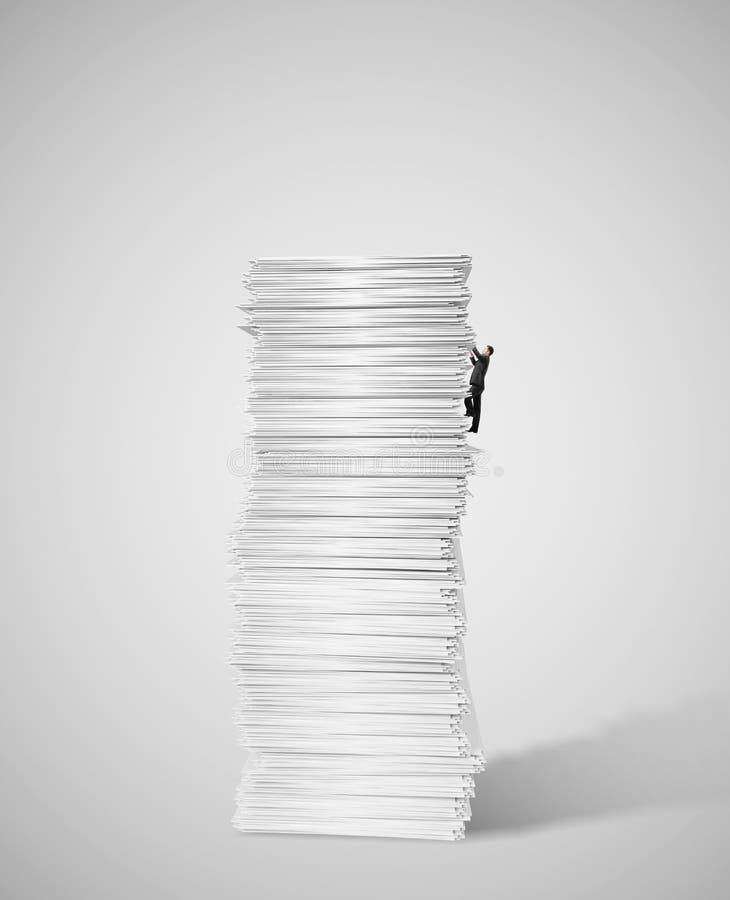 Businessman Climbing Up a Huge Big Stack of Paper Stock Photo - Image ...