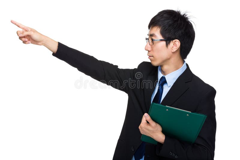 Businessman with Clipboard and Finger Point Out Stock Photo - Image of ...