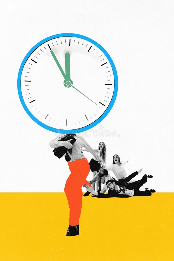 Businessman with Clock on Head Rushing Forward, Pulling Group of ...