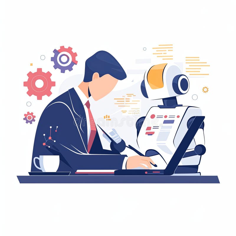 Businessman Collaborates with Robot AI Assistant in Office Setting ...