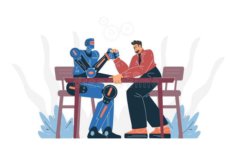 Businessman Competing with Robot in Arm Wrestling, Vector Artificial ...