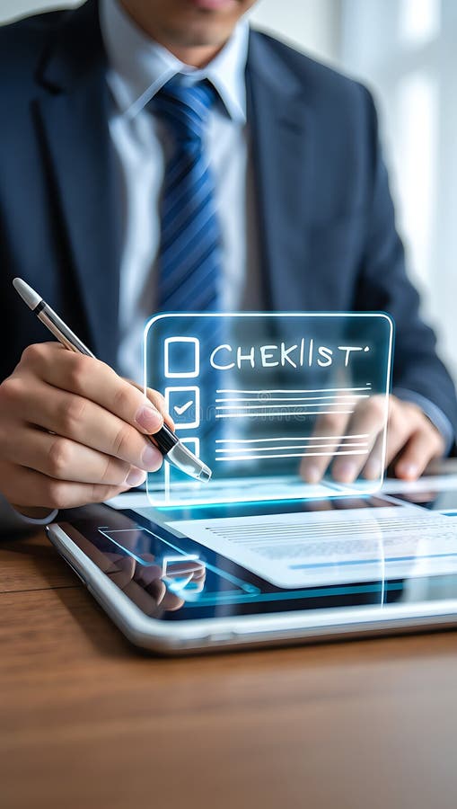 Businessman Completing Digital Checklist on Tablet for Project Management and Task Tracking ...