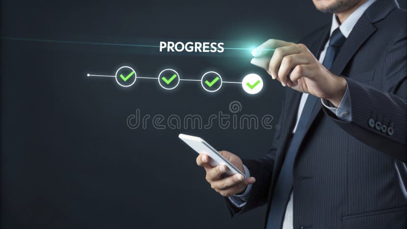 Businessman Completing Progress Steps by Activating Digital Button on ...
