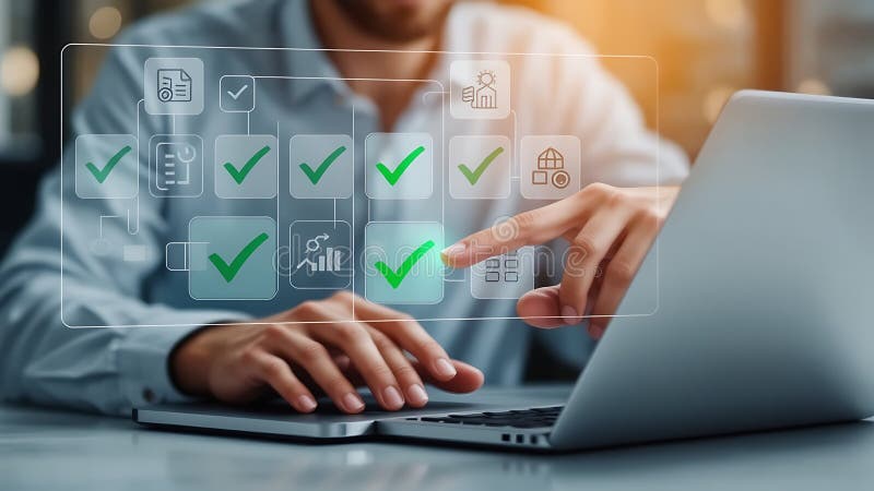 Businessman Completing Tasks with a Laptop and Digital Interface Using ...