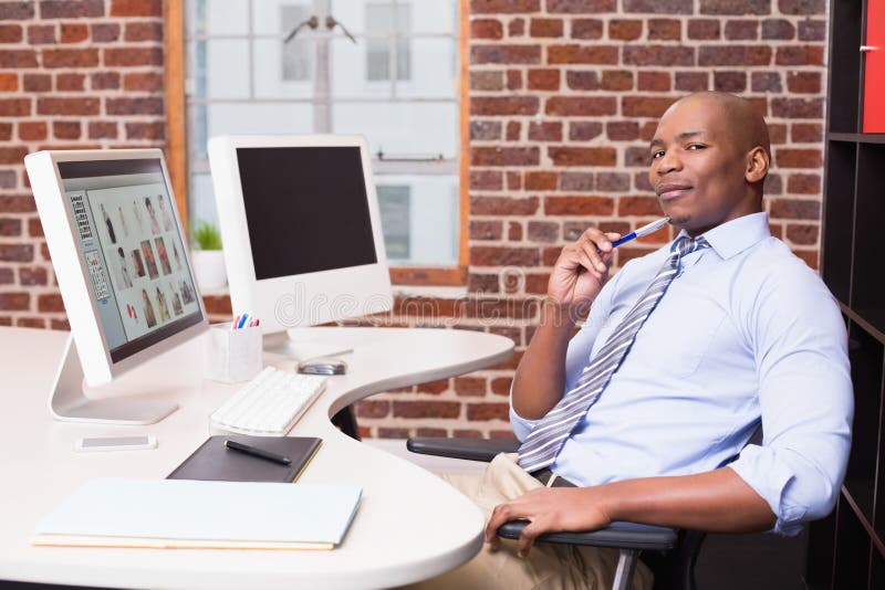Businessman with Computer at Office Desk Stock Image - Image of dressed ...