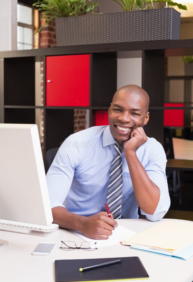 Businessman with Computer at Office Desk Stock Photo - Image of monitor ...