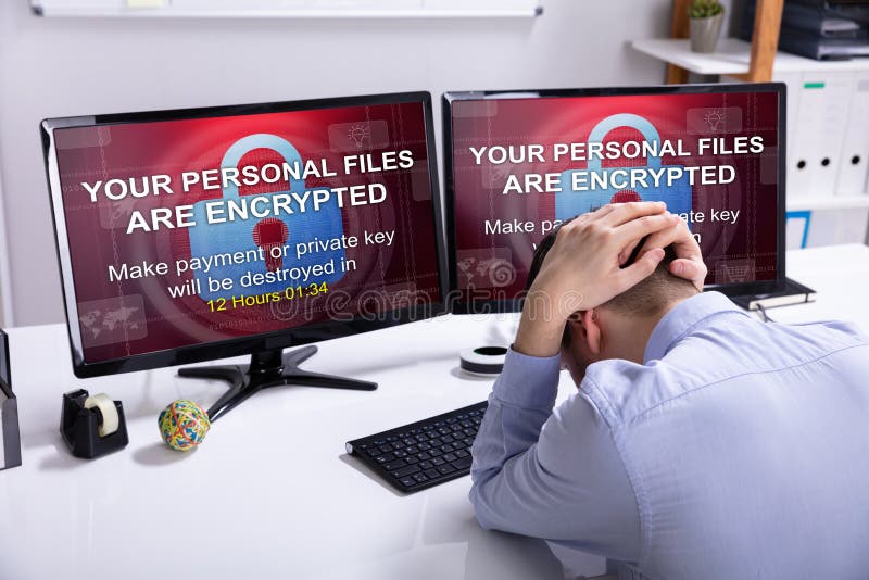 Businessman with Computer Ransomware Screen Stock Image - Image of ...