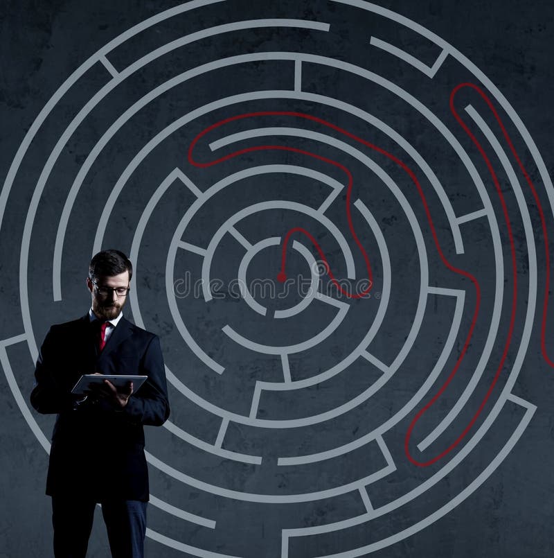 Businessman Computer Tablet Standing Labyrinth Backgro Stock Photos ...