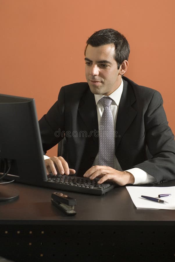 Businessman at Computer - Vertical Stock Image - Image of adult ...