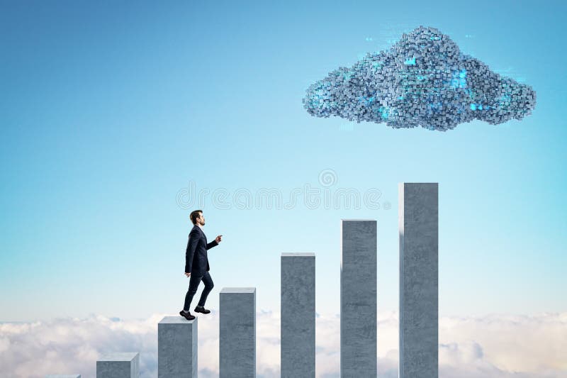 Businessman on Concrete Chart Bars Under Abstract Digital Cloud with ...