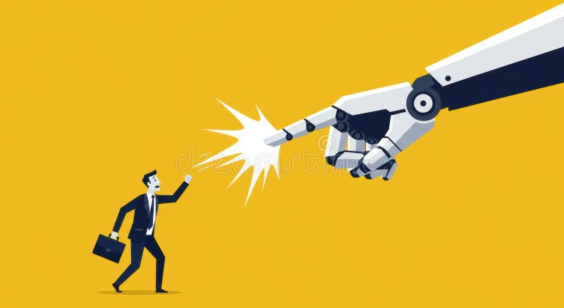 Businessman Confronts Robot Hand in Dramatic Futuristic Tech Scene ...