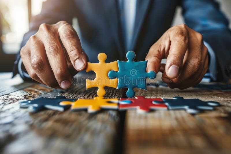 Businessman is Connecting the Final Two Puzzle Pieces, Signifying the ...