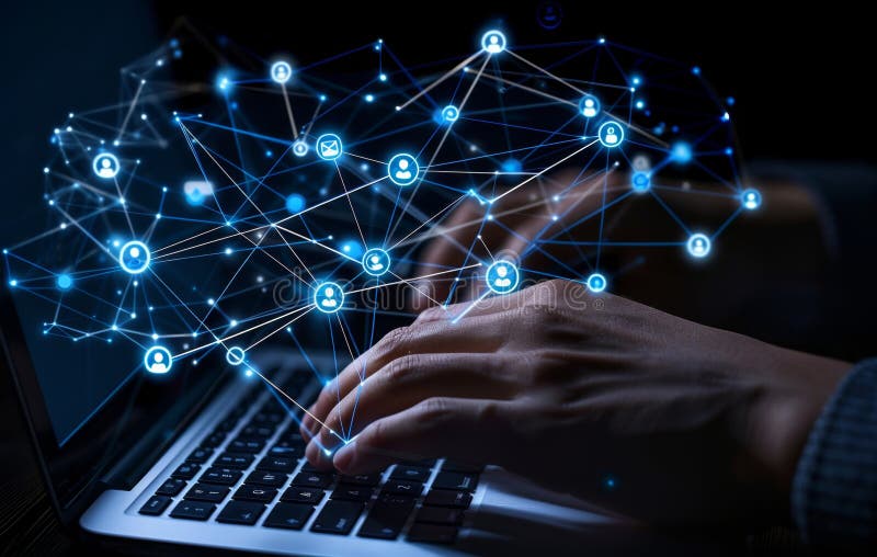 Businessman Connecting Network Using Laptop in Dark Office Stock Photo ...