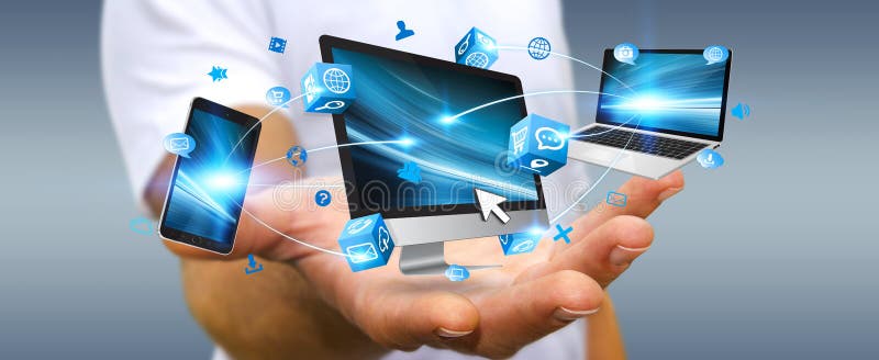 Businessman Connecting Tech Device in His Hand Stock Illustration ...