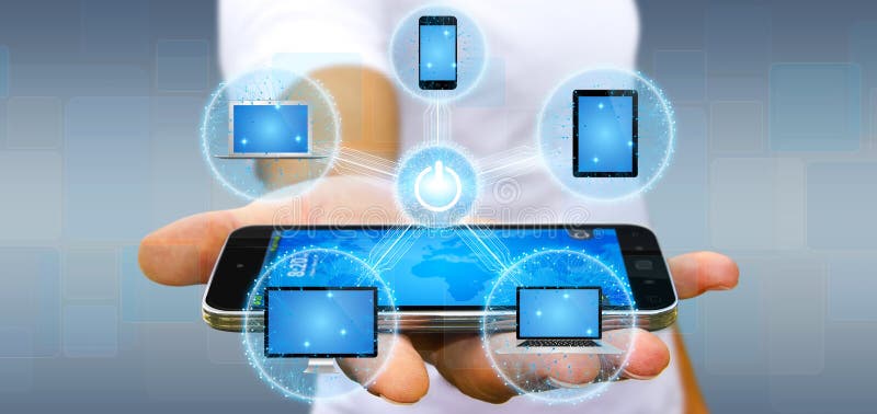 Businessman Connecting Tech Device with His Phone Stock Illustration ...