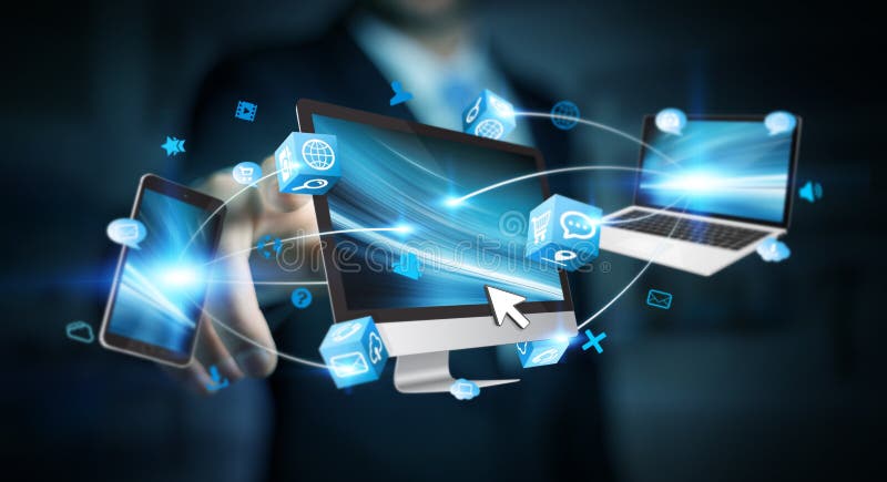 Businessman Connecting Tech Devices and Icons Applications 3D Re Stock ...