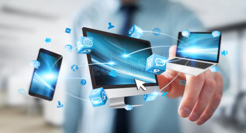 Businessman Connecting Tech Devices and Icons Applications 3D Re Stock ...