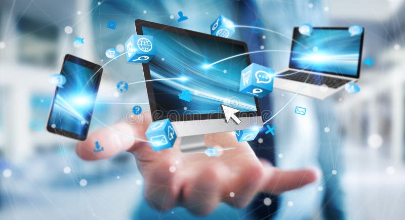 Businessman Connecting Tech Devices and Icons Applications 3D Re Stock ...
