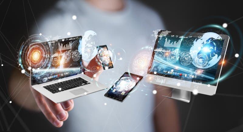 Businessman Connecting Tech Devices To Each Other 3D Rendering Stock ...