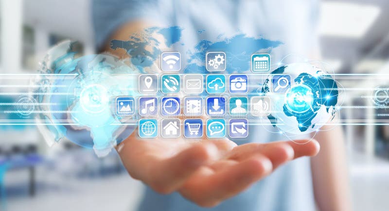 Businessman Connecting Worlds To Icons and Applications Software Stock ...