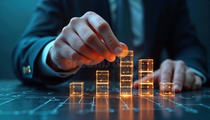 Businessman Constructs Digital Blocks Growth. Visualizes Business ...