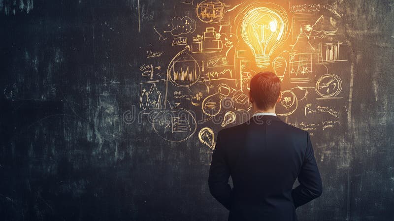 A Businessman is Contemplating in Front of a Blackboard Filled with ...