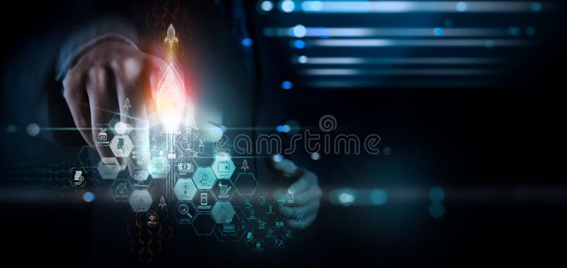 Businessman Control Virtual Rocket Launch Growth Business,Startup New ...