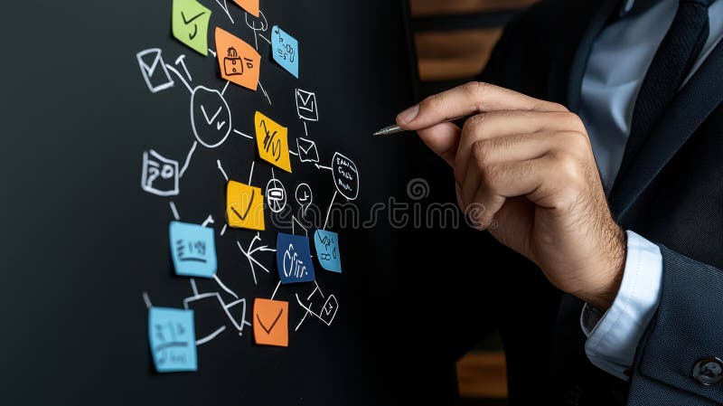 Businessman Creating Flowchart with Colorful Sticky Notes on Chalkboard ...