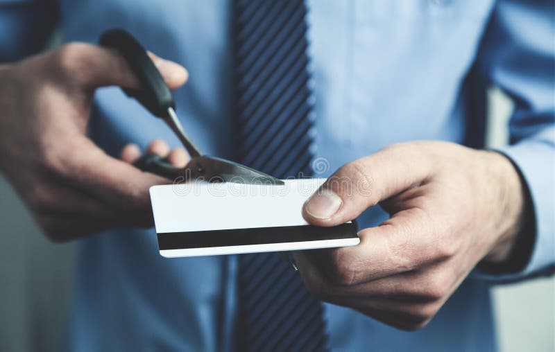 Businessman Cutting Credit Card with Scissors. Stock Photo - Image of ...