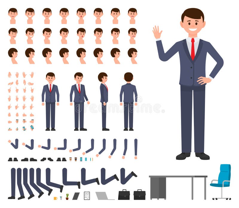 Businessman in Dark Blue Suit Character Creation Set. Vector Cartoon ...