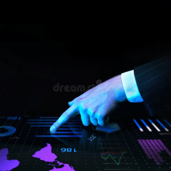 Businessman in Dark Suit Pointing at World Map with Digital Analytics ...