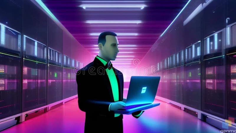A Businessman in Data Center Walking with Computer Stock Footage ...