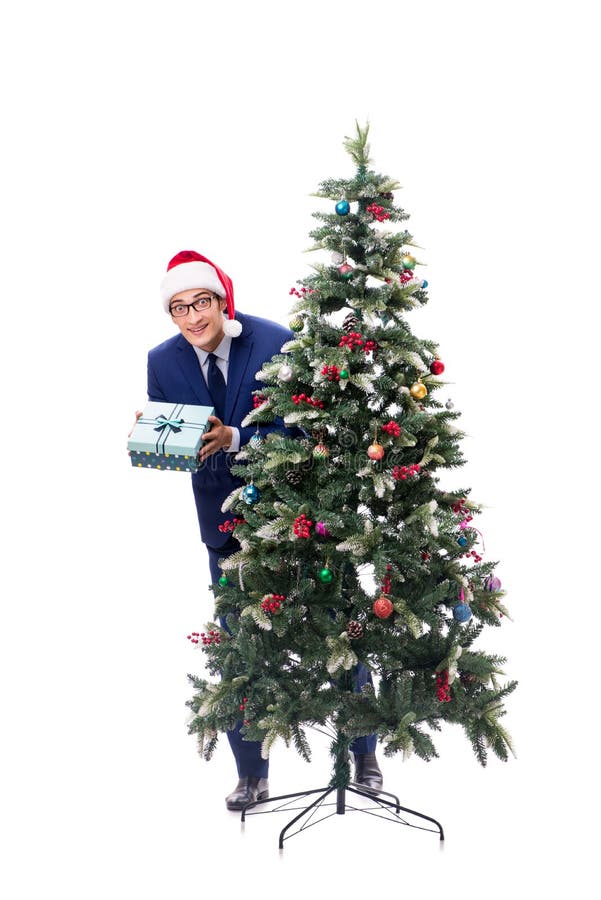 The Businessman Decorating Christmas Tree Isolated on White Stock Image ...
