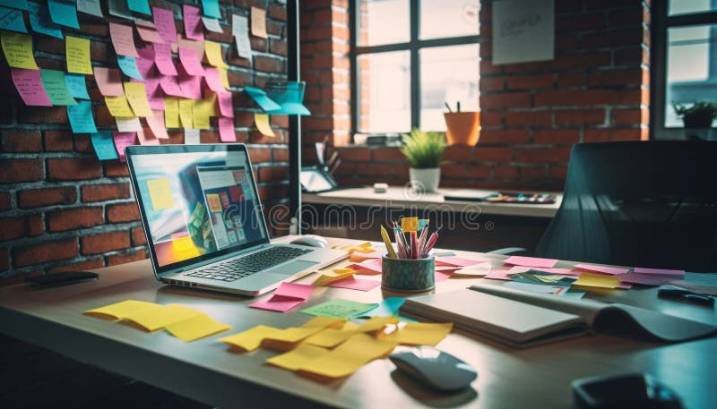 Businessman Desk Notes, Laptop, and Messy Creativity Generated by AI ...