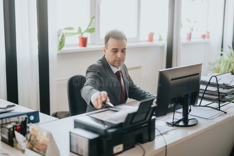 Businessman at a Desk Scanning Documents in a Modern Office Stock Photo ...