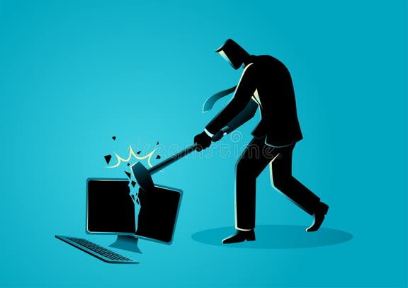 Businessman Destroying Desktop Computer with Sledge Hammer Stock Vector ...