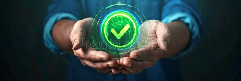 Businessman with Digital Hologram of Green Compliance Check Mark for ...