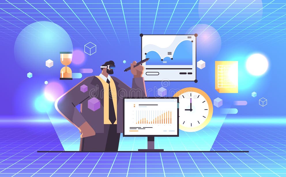 Businessman in Digital VR Glasses Analyzing Statistics Data Exploring ...
