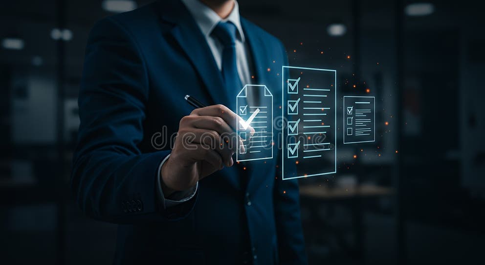 Businessman Digitally Checking Tasks & Completing Checklists on Virtual ...
