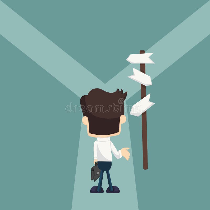 Businessman Looking at a Sign that Points in Many Stock Vector ...