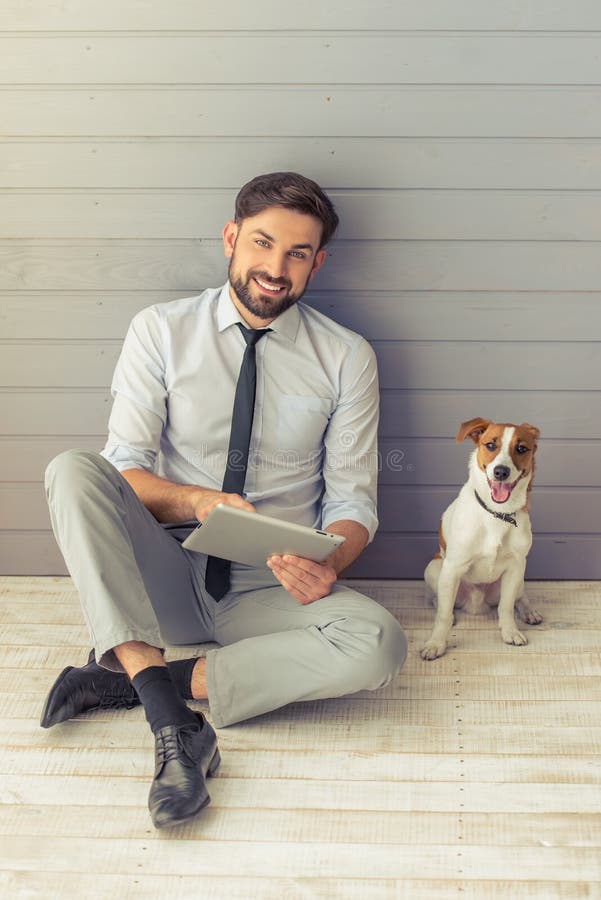 Businessman and dog stock image. Image of business, happy - 73233369