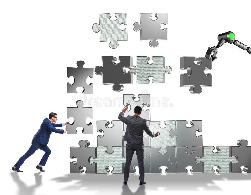 Businessman Doing Jigsaw Puzzle with Robotic Arm Stock Image - Image of ...