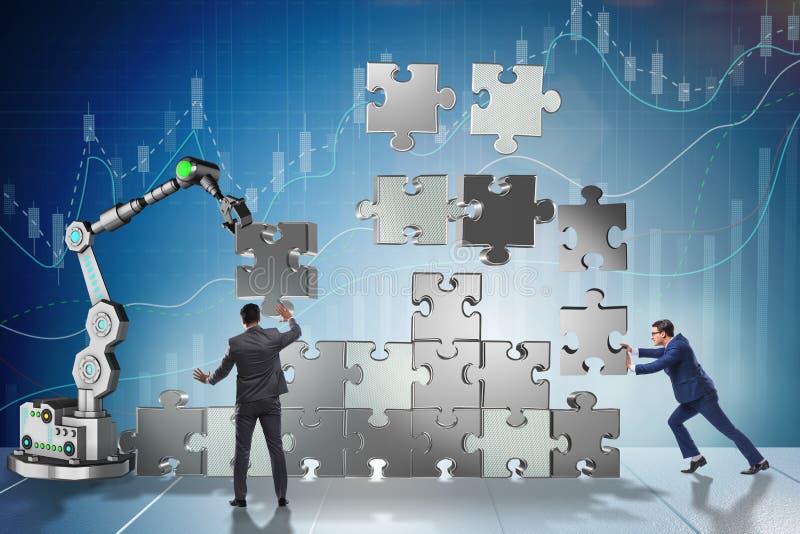 The Businessman Doing Jigsaw Puzzle with Robotic Arm Stock Image ...
